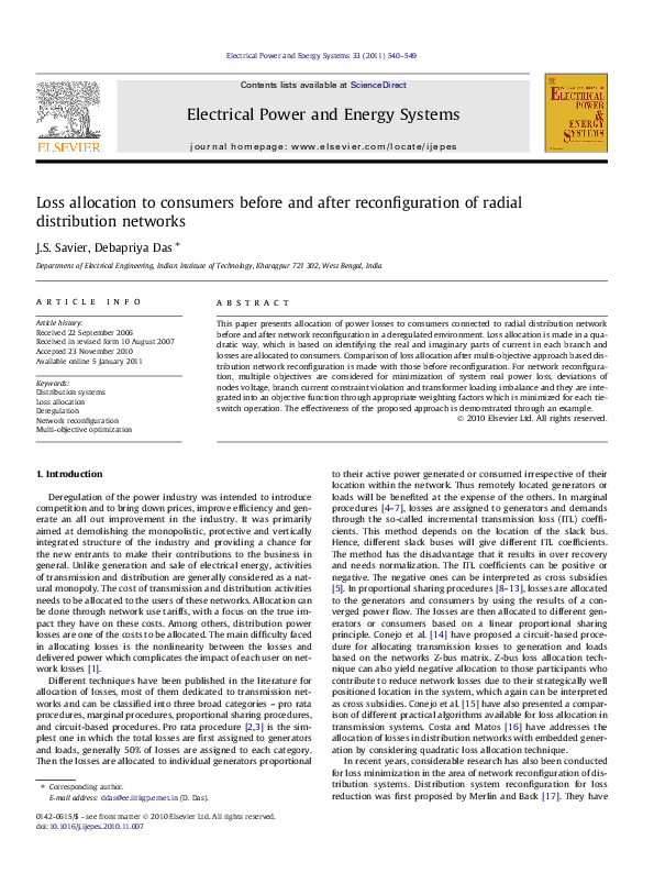Pdf Loss Allocation To Consumers Before And After Reconfiguration Of Radial Distribution Networks