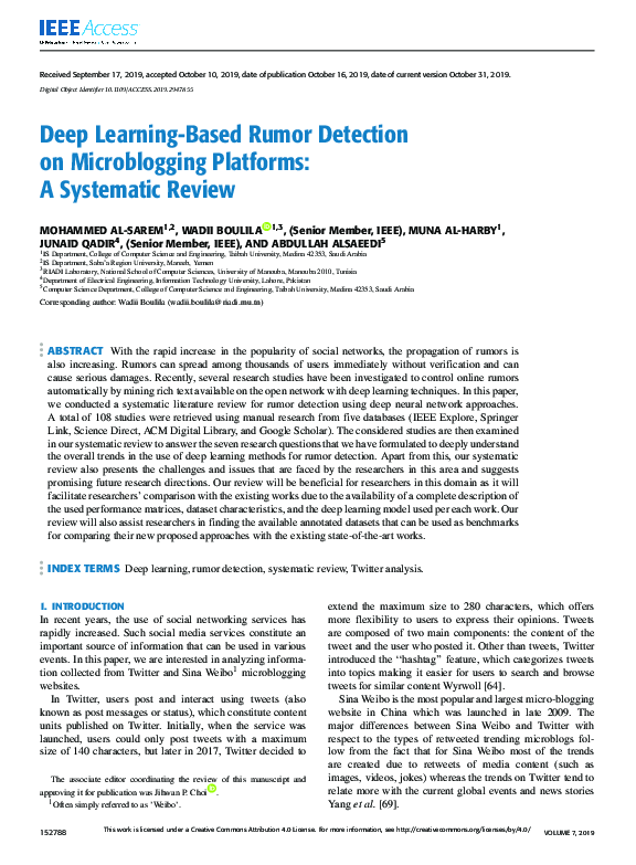 (PDF) Systematic Review of Deep Learning in Rumor Detection