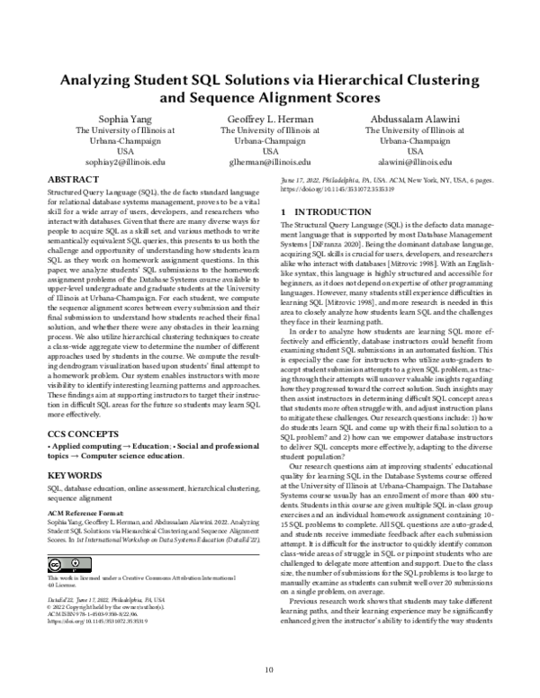 (PDF) Analyzing Student SQL Solutions via Hierarchical Clustering and Sequence Alignment Scores
