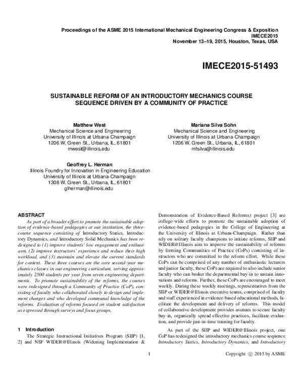 (PDF) Sustainable Reform of an Introductory Mechanics Course Sequence Driven by a Community of ...