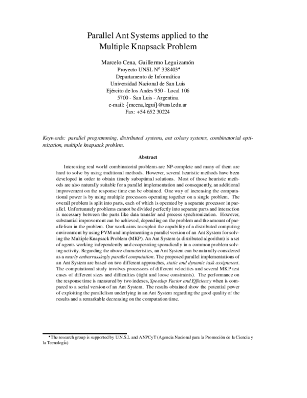 (PDF) Parallel ant system applied to the multiple knapsack problem