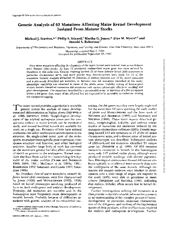 (PDF) Genetic analysis of 63 mutations affecting maize kernel development isolated from Mutator ...