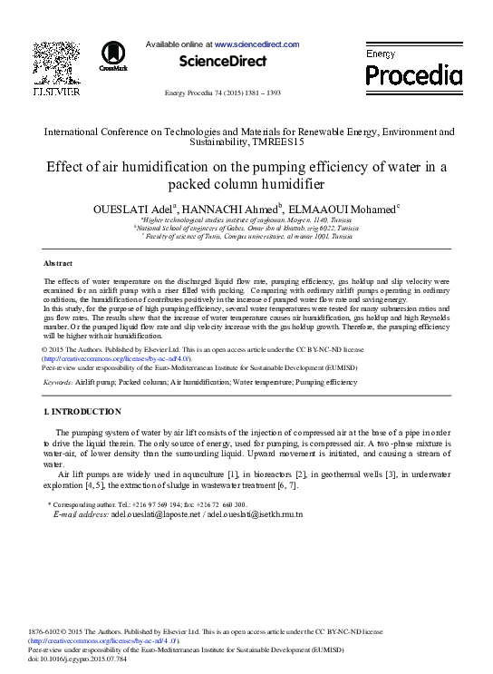 (PDF) Effect of Air Humidification on the Pumping Efficiency of Water in a Packed Column Humidifier