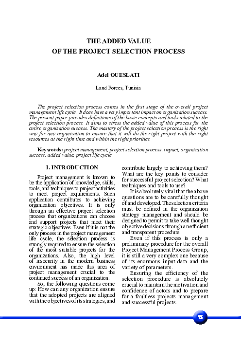 (PDF) The Added Value of the Project Selection Process