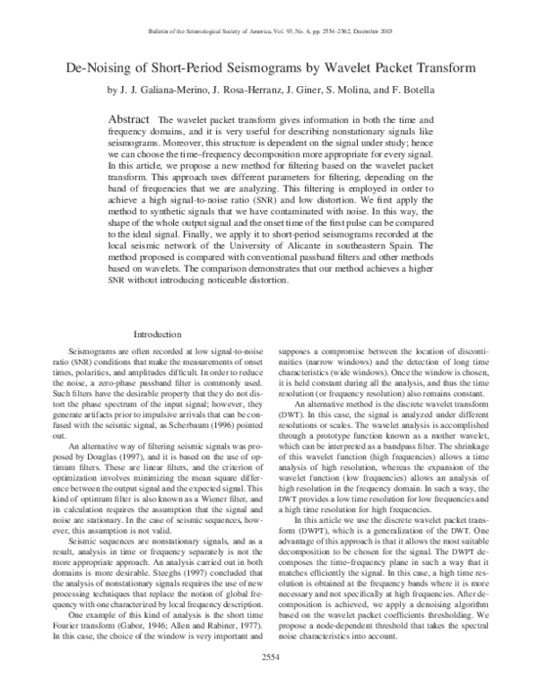 (PDF) De-Noising of Short-Period Seismograms by Wavelet Packet Transform