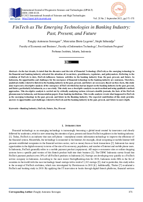 (PDF) FinTech as The Emerging Technologies in Banking Industry: Past, Present, and Future
