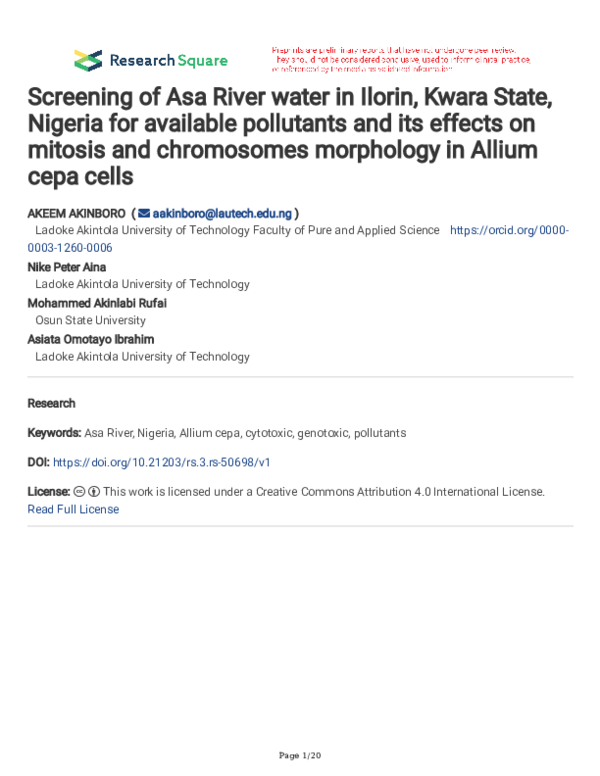 (PDF) Screening of Asa River water in Ilorin, Kwara State, Nigeria for ...