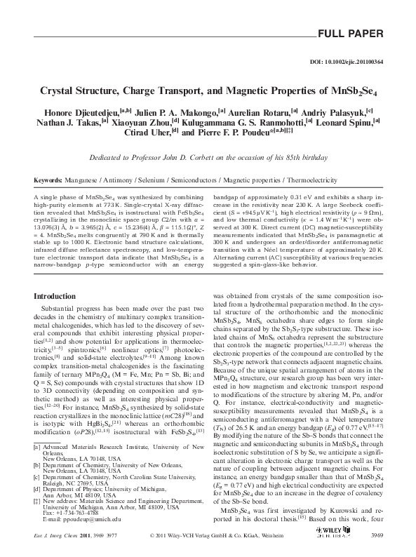 (PDF) Crystal Structure, Charge Transport, and Magnetic Properties of ...