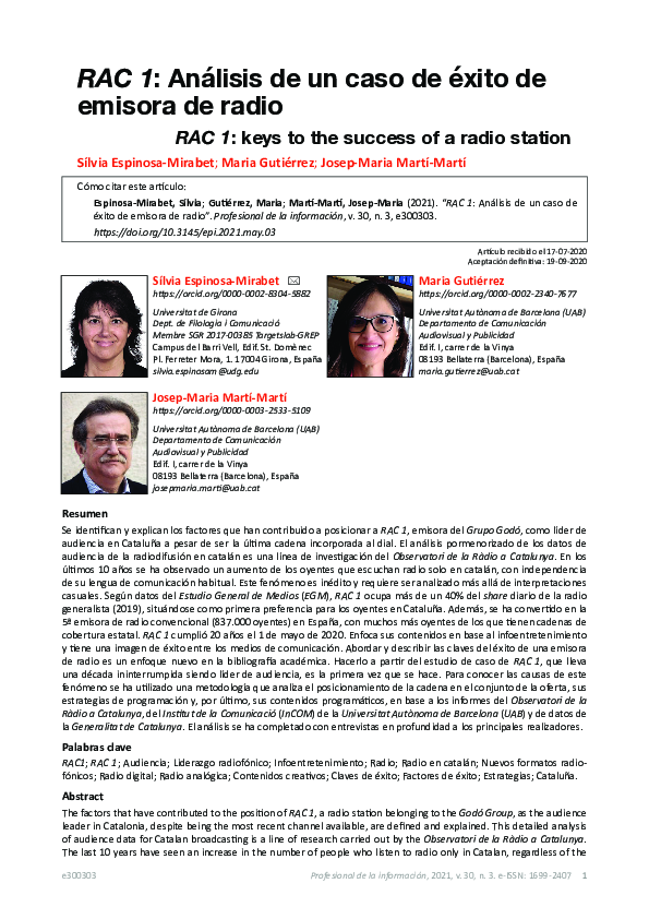 (PDF) RAC 1: Análisis de un caso de éxito de emisora de radio | Maria Esther Valladares ...