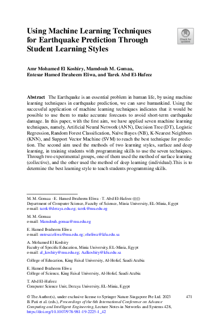 (PDF) Using Machine Learning Techniques for Earthquake Prediction Through Student Learning Styles