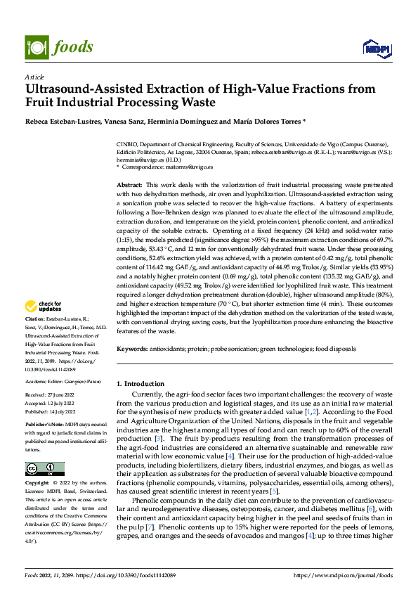 (PDF) Ultrasound-Assisted Extraction of High-Value Fractions from Fruit Industrial Processing Waste