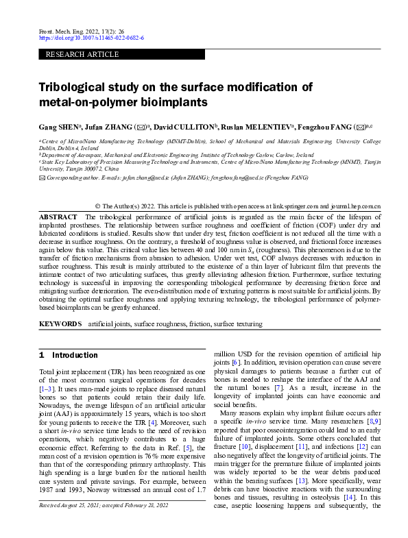 (PDF) Tribological study on the surface modification of metal-on-polymer bioimplants | Jufan ...