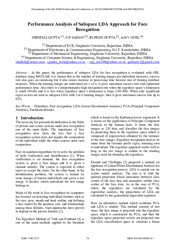 (PDF) Performance analysis of Subspace LDA Approach for face recognition