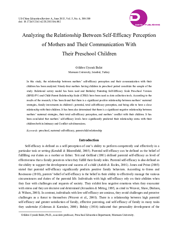 (PDF) Analyzing the Relationship Between Self-Efficacy Perception of Mothers and Their ...