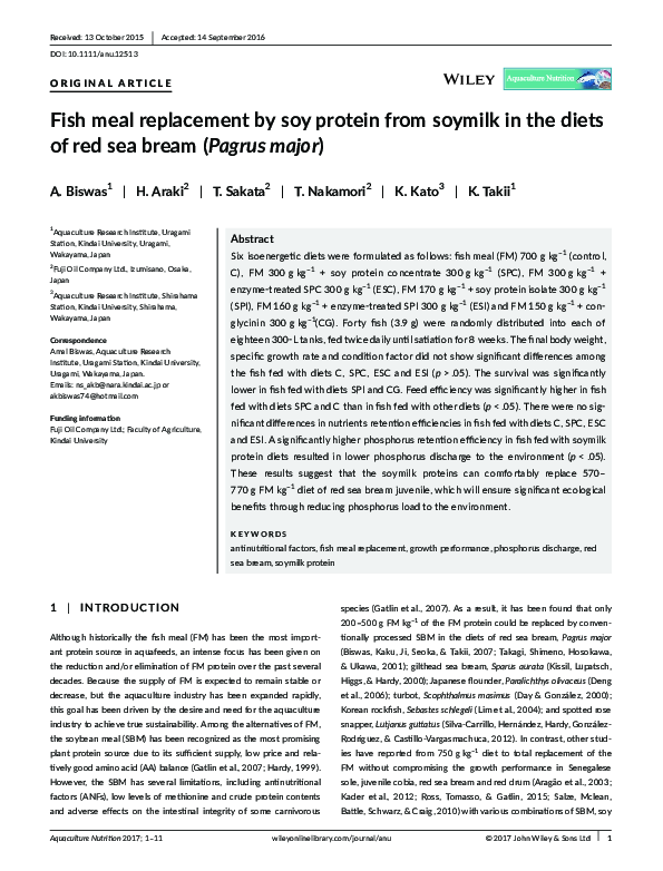 (PDF) Fish meal replacement by soy protein from soymilk in the diets of ...