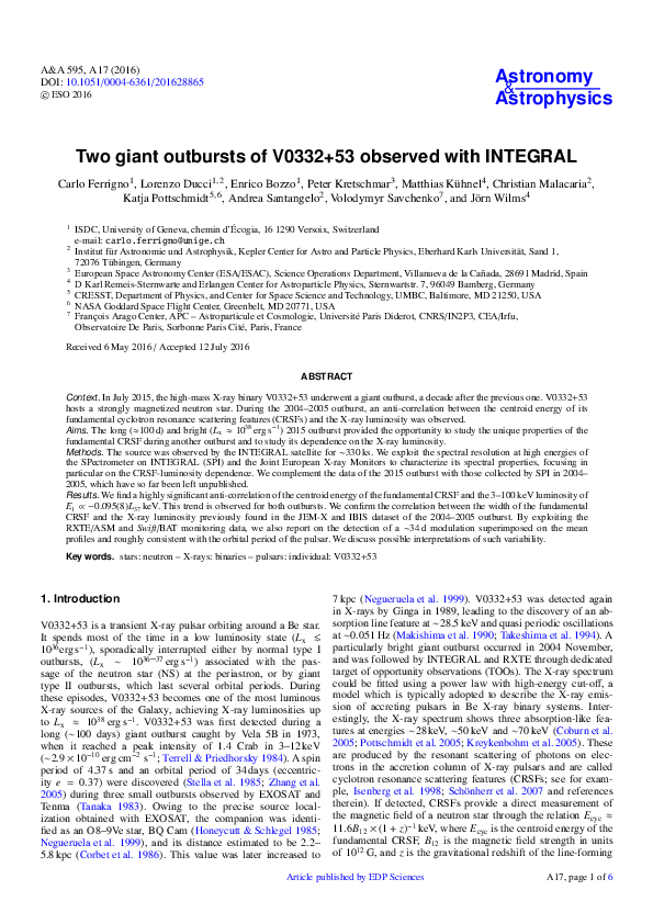 (PDF) Two giant outbursts of V0332+53 observed with INTEGRAL