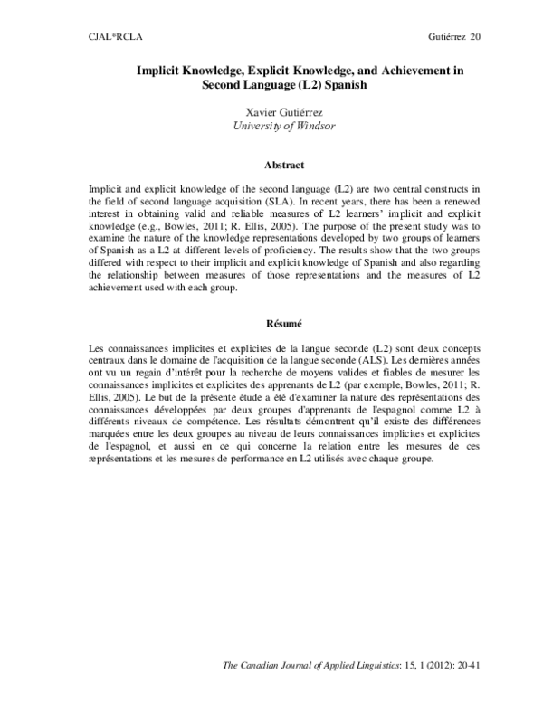 (PDF) Implicit Knowledge, Explicit Knowledge, and Achievement in Second Language (L2) Spanish ...