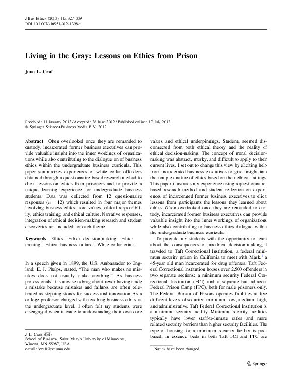 (PDF) Living in the Gray: Lessons on Ethics from Prison