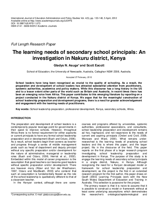 (PDF) The learning needs of secondary school principals: An ...