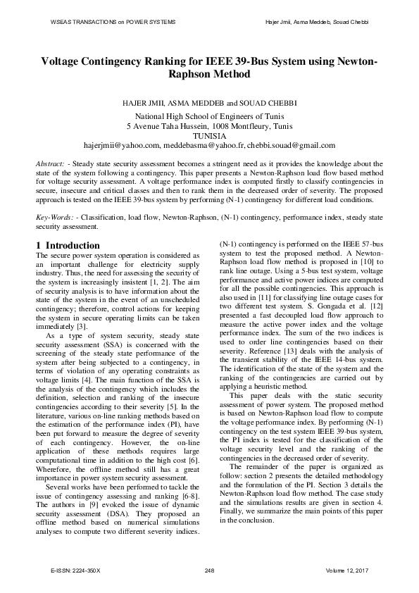 Pdf Voltage Contingency Ranking For Ieee 39 Bus System Using Newton Raphson Method