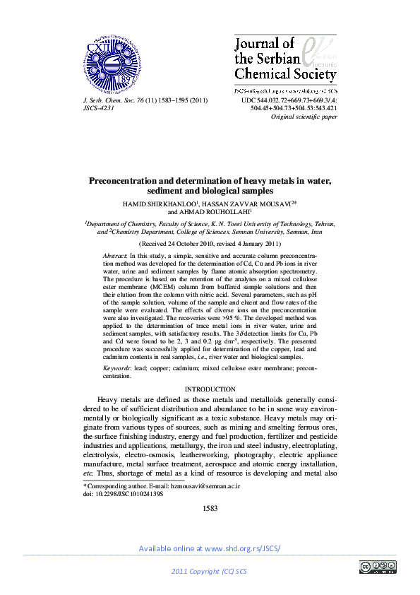 Pdf Preconcentration And Determination Of Heavy Metals In Water Sediment And Biological Samples