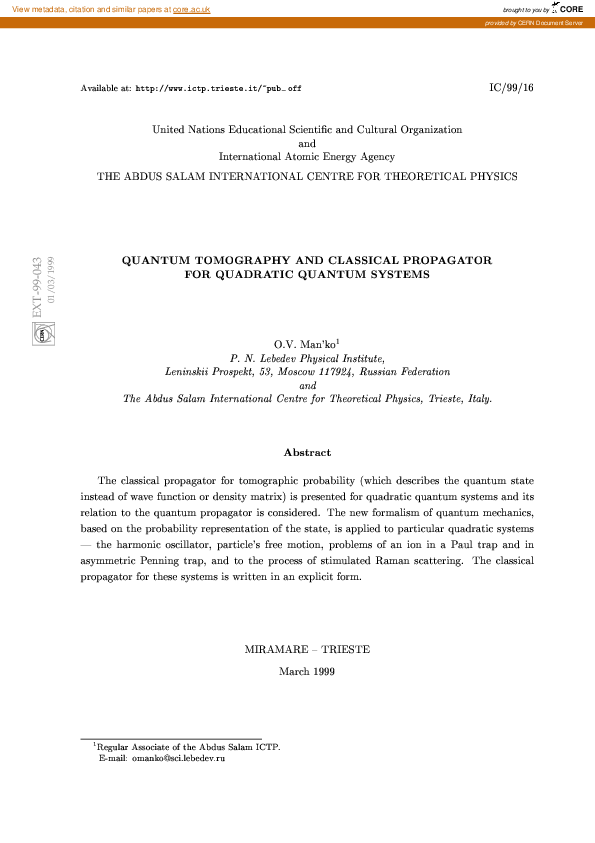 (PDF) Quantum tomography and classical propagator for quadratic quantum systems