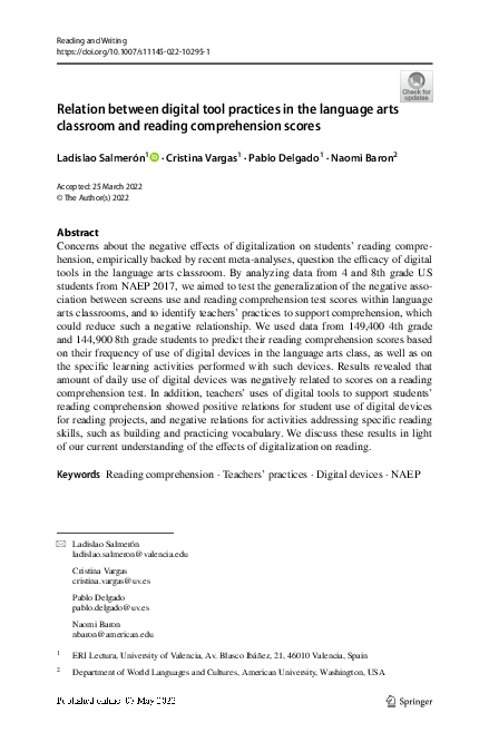 (PDF) Relation between digital tool practices in the language arts classroom and reading ...
