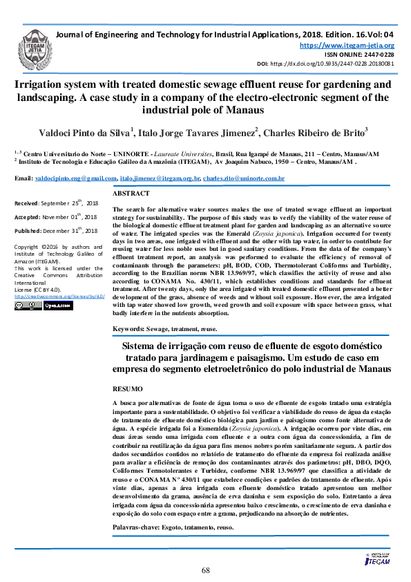 (PDF) Irrigation system with treated domestic sewage effluent reuse for ...