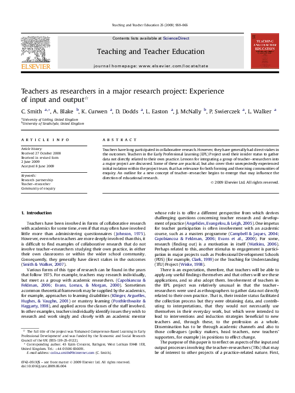 (PDF) Teachers as researchers in a major research project: Experience ...