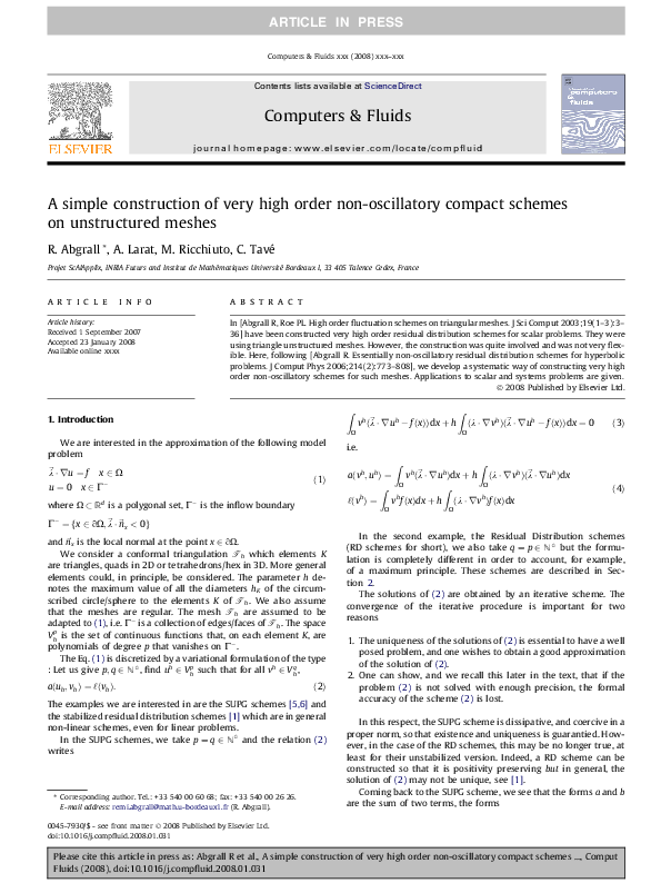 Pdf High Order Non Oscillatory Schemes On Unstructured Meshes