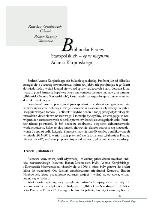 (PDF) „Biblioteka Pisarzy Staropolskich” – opus magnum Adama ...