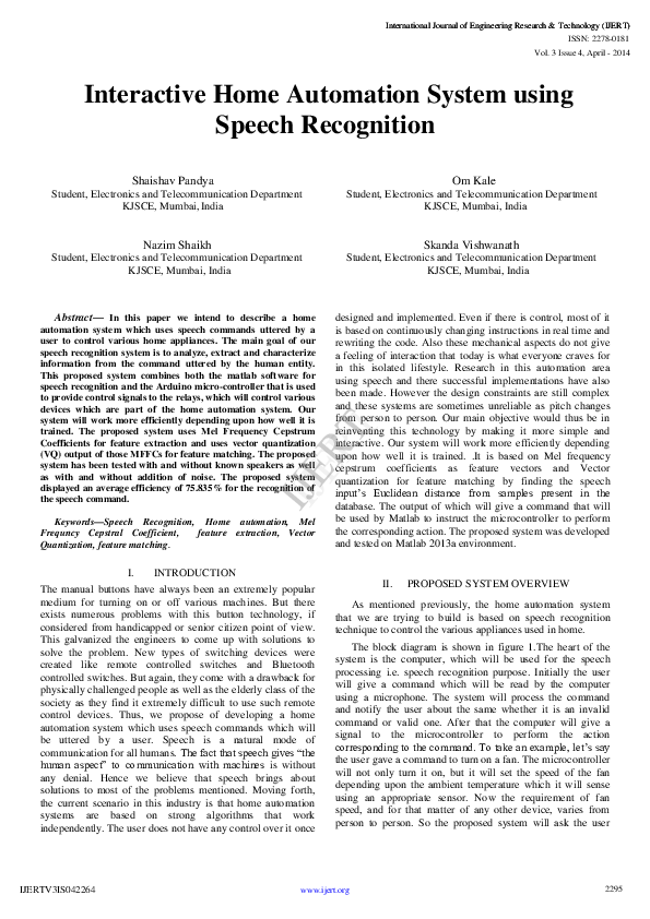 (PDF) Interactive Home automation system using Speech Recognition