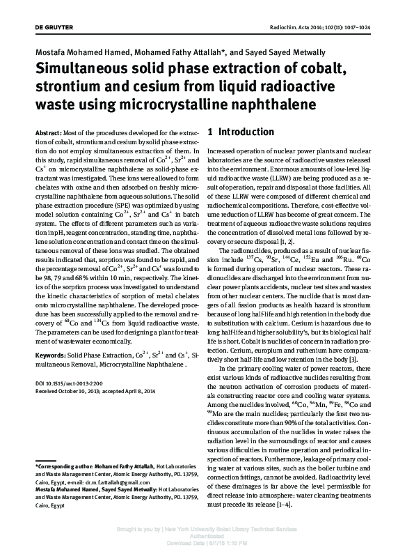 (PDF) Simultaneous solid phase extraction of cobalt, strontium and cesium from liquid ...