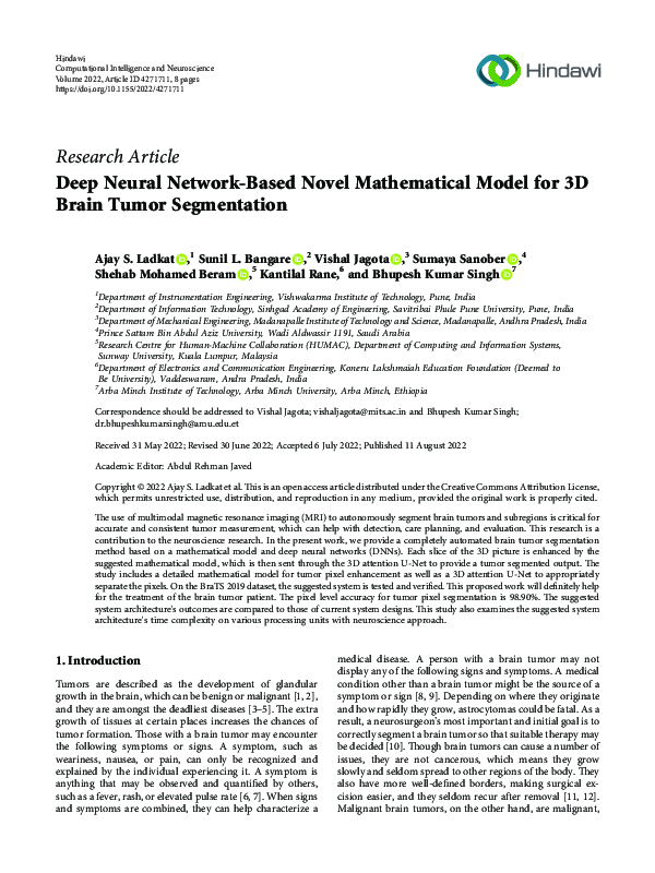 Pdf Deep Neural Network Based Novel Mathematical Model For 3d Brain Tumor Segmentation