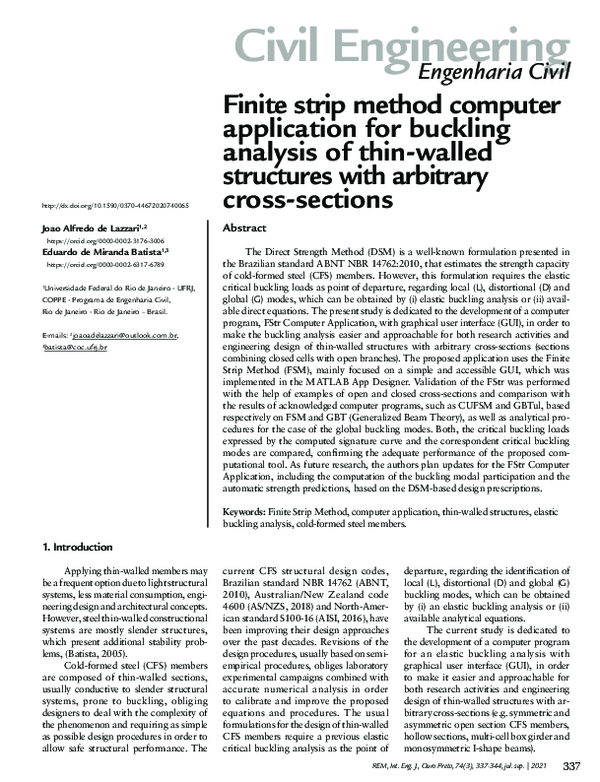 Pdf Finite Strip Method Computer Application For Buckling Analysis Of Thin Walled Structures