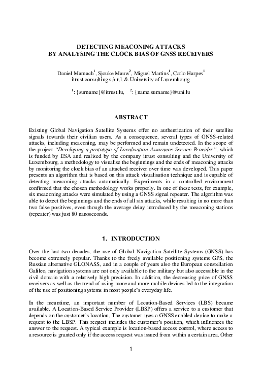 (PDF) Detecting Meaconing Attacks by Analysing the Clock Bias of Gnss Receivers