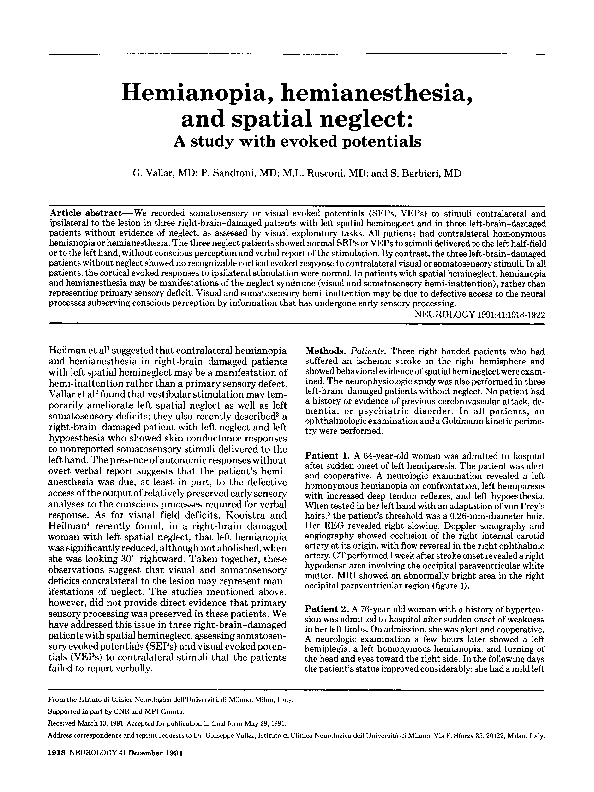 (PDF) Hemianopia, hemianesthesia, and spatial neglect: A study with ...