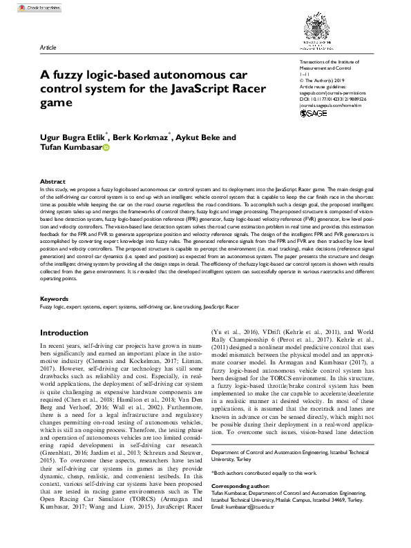 Pdf A Fuzzy Logic Based Autonomous Car Control System For The Javascript Racer Game 