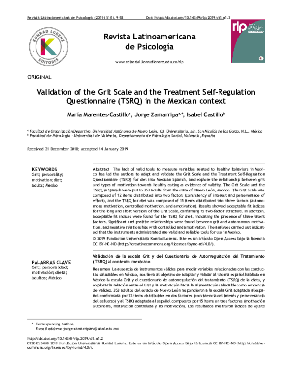 (PDF) Validation of the Grit Scale and the Treatment Self-Regulation ...