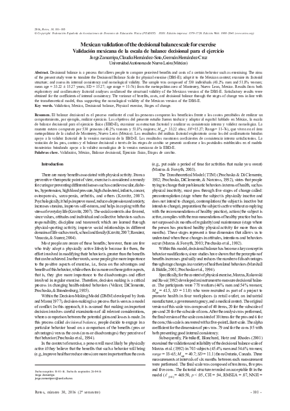 (PDF) Mexican validation of the decisional balance scale for exercise ...