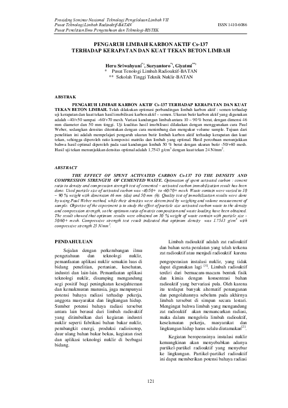 (PDF) PENGARUH LIMBAH KARBON AKTIF Cs137 TERHADAP KERAPATAN DAN KUAT TEKAN BETON LIMBAH