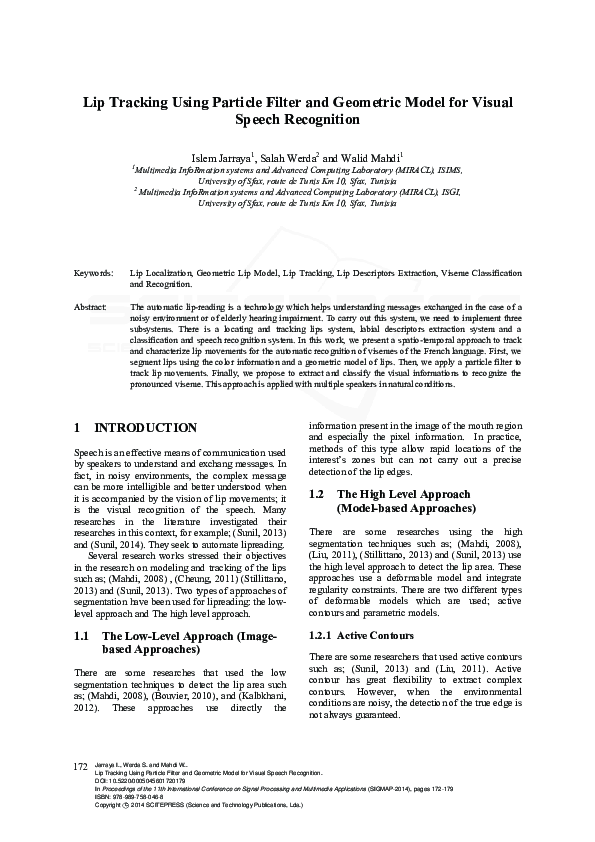 Pdf Lip Tracking Using Particle Filter And Geometric Model For Visual Speech Recognition