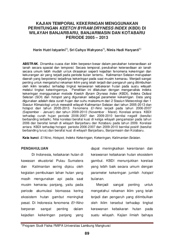 (PDF) Kajian Temporal Kekeringan Menggunakan Perhitungan Keetch Byram Dryness Index (Kbdi) DI ...