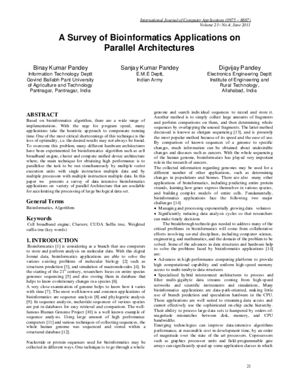 Pdf A Survey Of Bioinformatics Applications On Parallel Architectures 