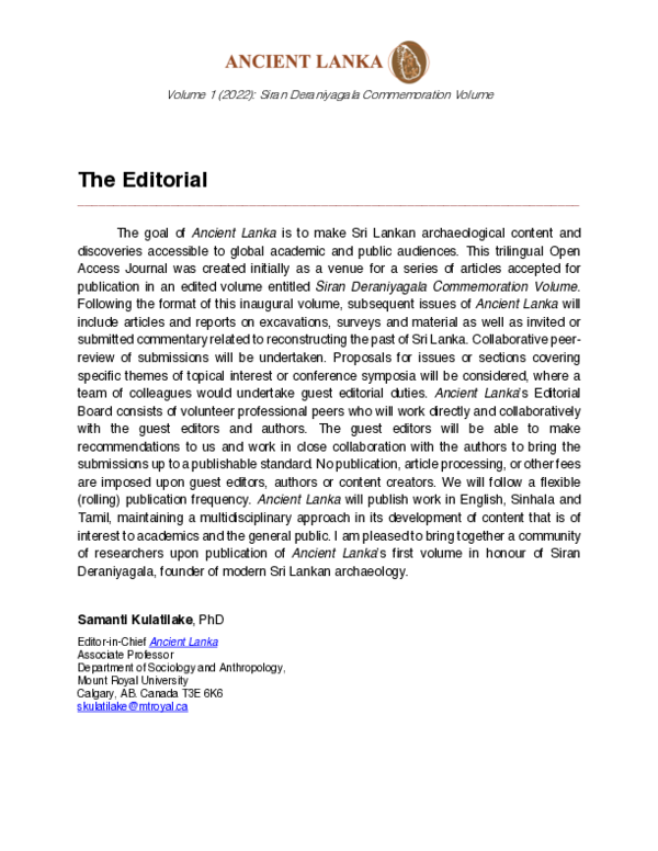 (PDF) Ancient Lanka Volume 1 Editorial