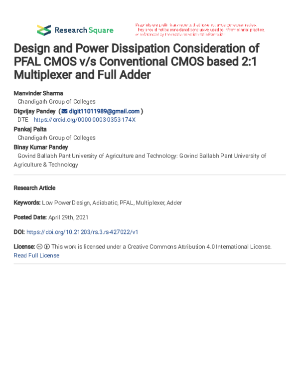 (PDF) Design and Power Dissipation Consideration of PFAL CMOS V/S ...
