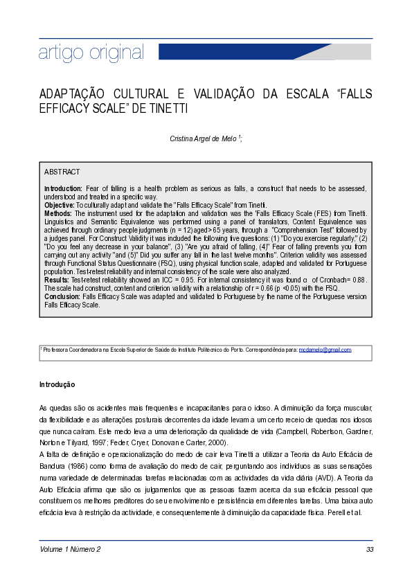 (PDF) Adaptação cultural e validação da escala “falls efficacy scale ...