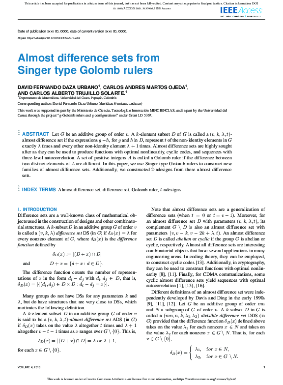 (PDF) Almost difference sets from Singer type Golomb rulers