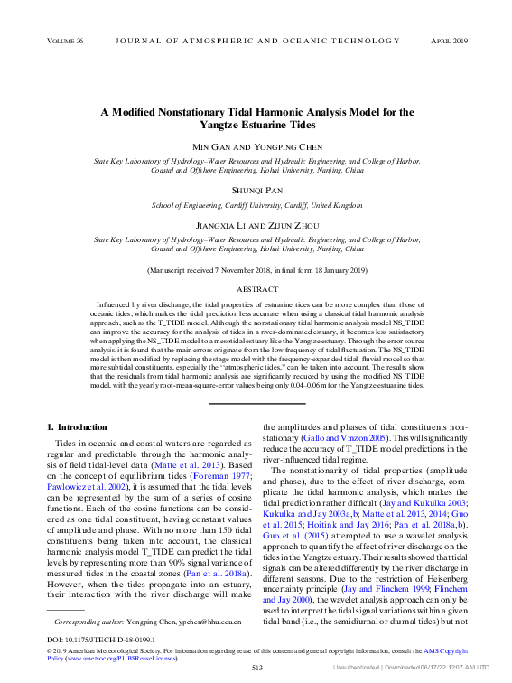 (PDF) A Modified Nonstationary Tidal Harmonic Analysis Model for the Yangtze Estuarine Tides