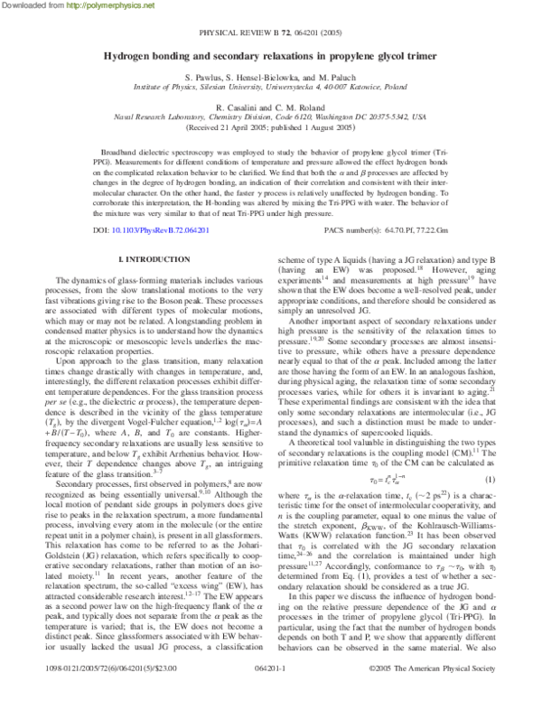 (PDF) Hydrogen bonding and secondary relaxations in propylene glycol trimer